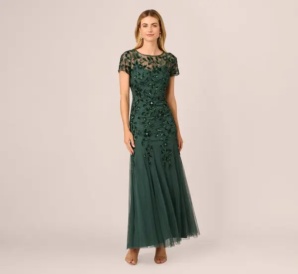 Adrianna Papell Hand Beaded Short Sleeve Floral Godet Gown - Dusty Emerald