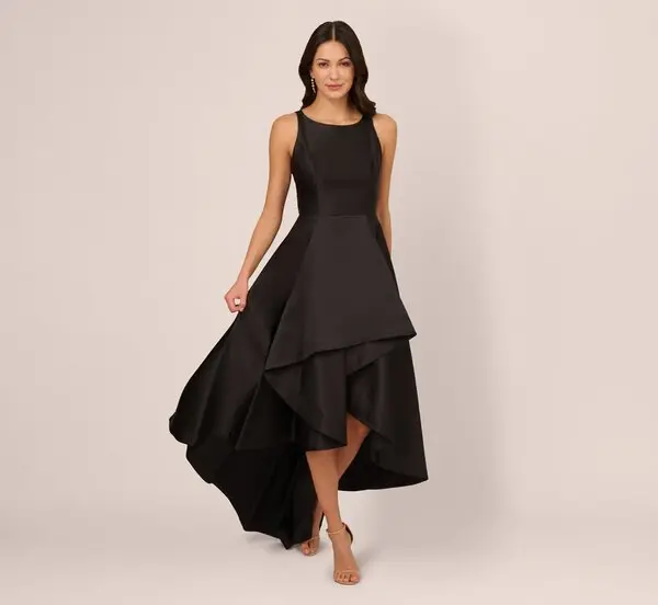 Adrianna Papell High Low Mikado Gown With Asymmetrical Detail - Black