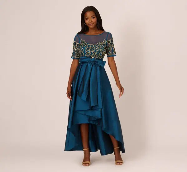 Adrianna Papell Bead Taffeta High Low Long Dress In Teal Sapphire Gold - Teal Sapphire/gold