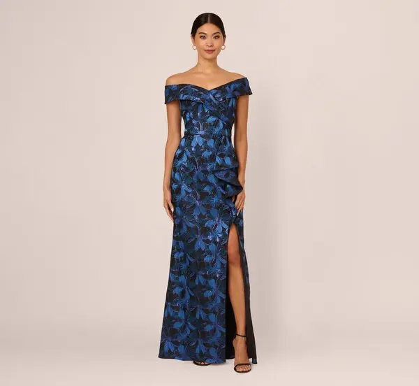 Adrianna Papell Off Shoulder Jacquard Gown - Blue Multi