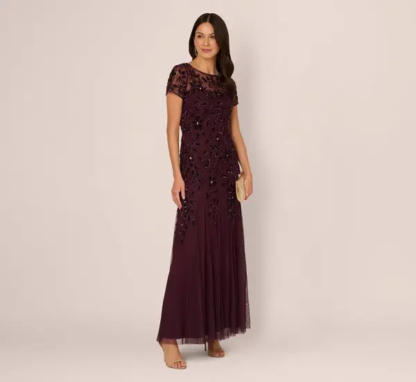 Adrianna Papell Hand Beaded Short Sleeve Floral Godet Gown - Night Plum