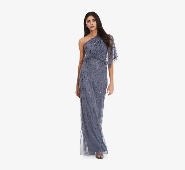 Adrianna Papell Draped One Shoulder Dress With Sequin Detail - Dusty Blue