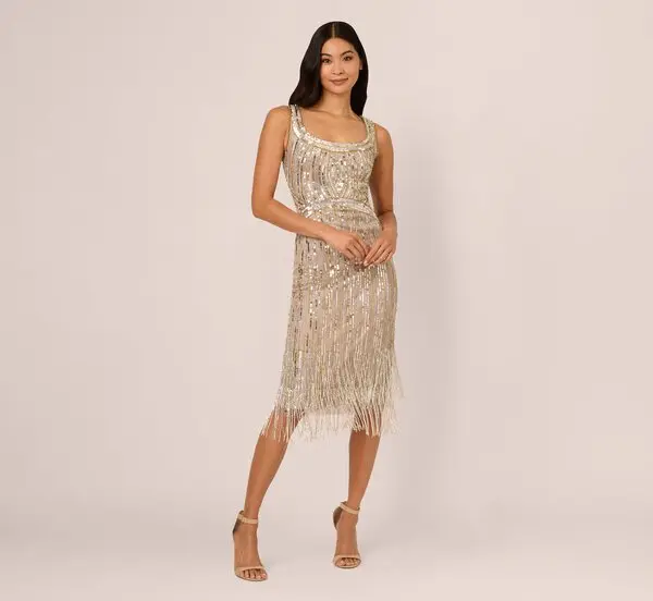 Adrianna Papell Beaded Fringe Dress - Platinum