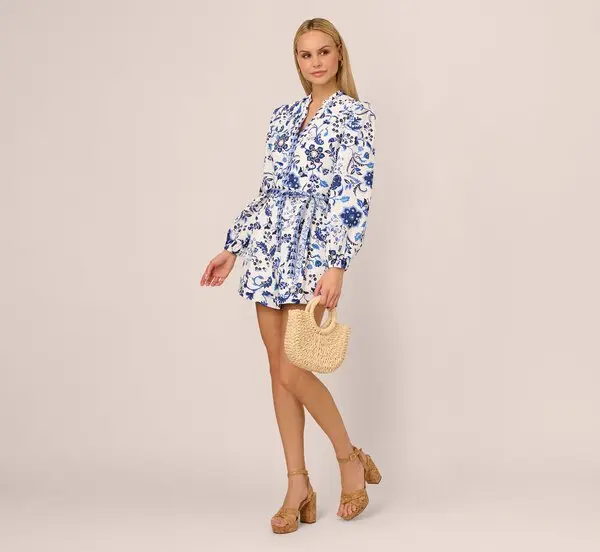Adrianna Papell Long Sleeve Floral Romper With Tie Front - White/blue Multi