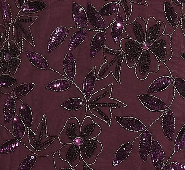Adrianna Papell Hand Beaded Short Sleeve Floral Godet Gown - Night Plum
