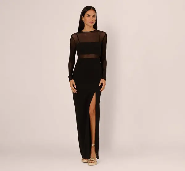 Adrianna Papell Long Sleeve Knit Crepe Mesh Illusion Column Dress - Black