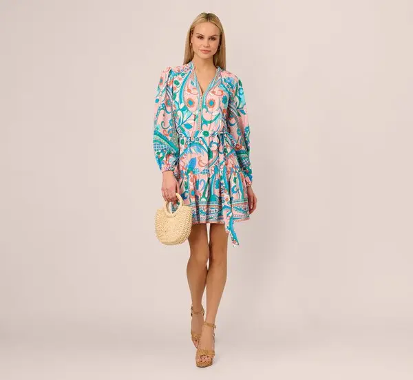 Adrianna Papell Long Sleeve Retro Printed A-line Mini Dress - Peach Multi