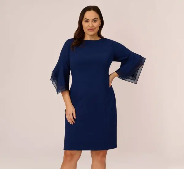 Adrianna Papell Knit Crepe Sheath Dress With Tiered Three Quarter Sleeves - Navy Sateen