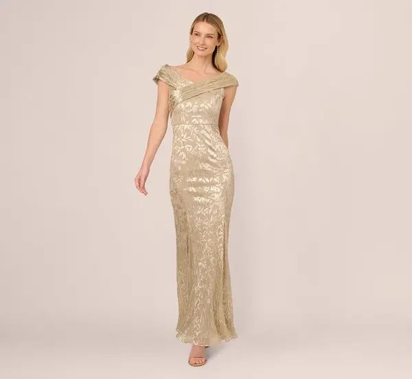 Adrianna Papell Off Shoulder Foil Leaf Mermaid Gown In Champagne Gold - Champagne/gold