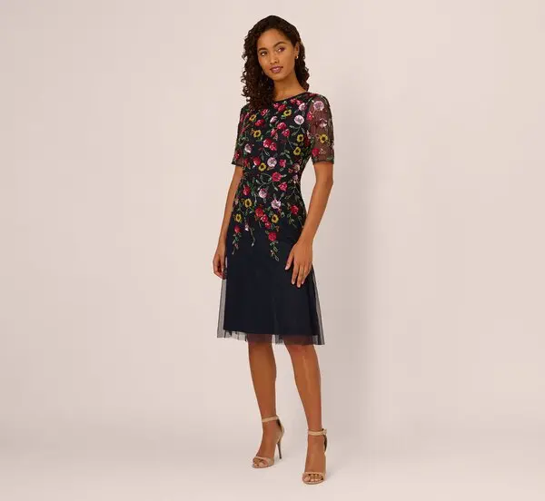 Adrianna Papell Short Sleeve Floral Beaded Midi Dress - Navy Multi