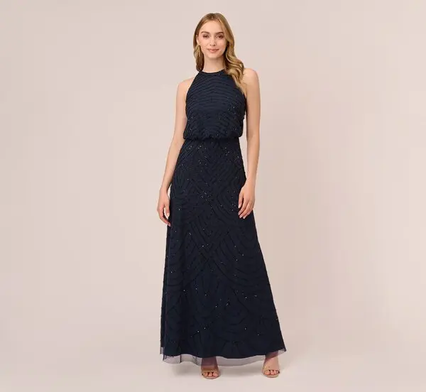 Adrianna Papell Art Deco Beaded Blouson Dress With Halter Neckline In Navy Black - Navy/black