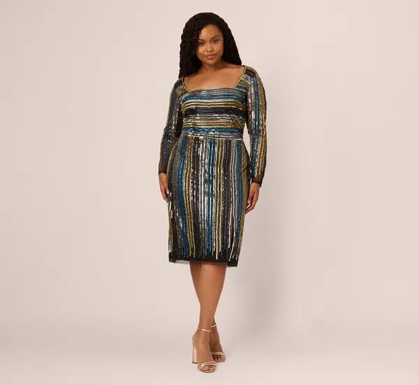 Adrianna Papell Sequin Beaded Sheath Dress With Sheer Long Sleeves In Black Blue Multi - Black/blue Multi