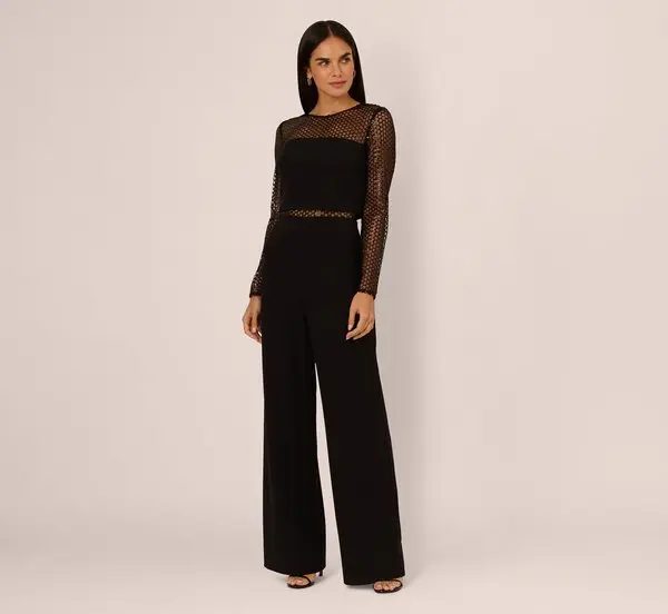 Adrianna Papell Long Sleeve Sequin Mesh Detail Jumpsuit - Black