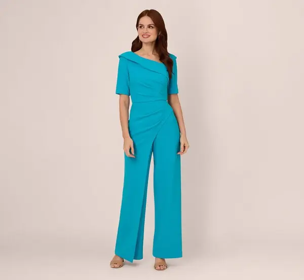 Adrianna Papell Short Sleeve Asymmetrical Wide Leg Crepe Jumpsuit - Bel Air Blue