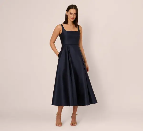 Adrianna Papell Mikado Sleeveless Square Neck Midi Dress - Midnight