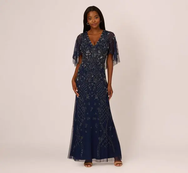 Adrianna Papell Sequin Beaded Gown With Sheer Cape Sleeves - Light Navy