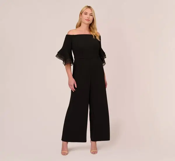 Adrianna Papell Off-the-shoulder Crepe Jumpsuit With Organza Sleeves - Black