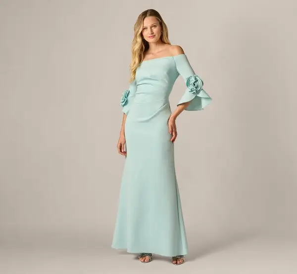 Adrianna Papell Off Shoulder Bell Sleeve Rosette Gown - Airy Aqua