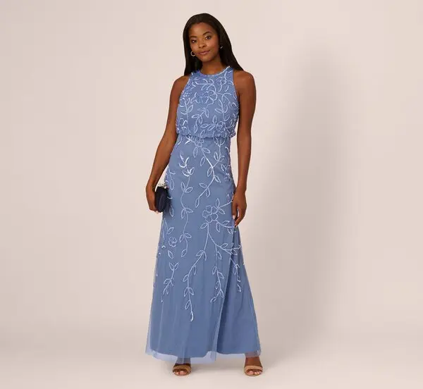 Adrianna Papell Sleeveless Blouson Mermaid Gown With Jasmine Beading - French Blue