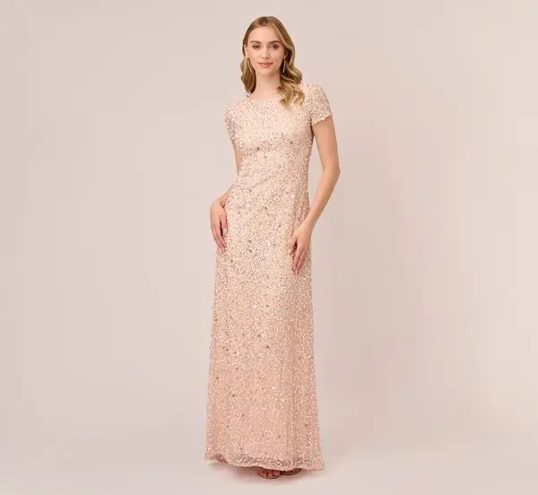 Adrianna Papell Scoop Back Sequin Gown - Blush