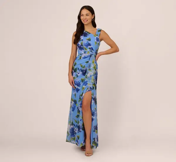 Adrianna Papell Asymmetrical Draped Floral Chiffon Gown - Blue Multi