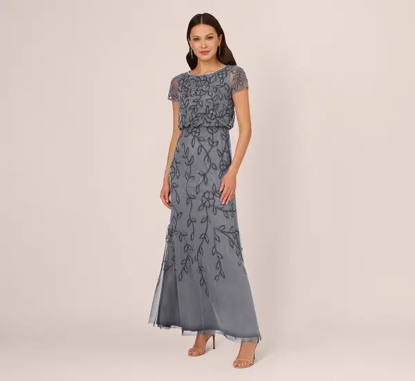 Adrianna Papell Jasmine Beaded Blouson Gown With Sheer Short Sleeves - Dusty Blue
