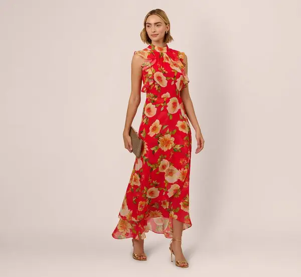 Adrianna Papell Printed Chiffon Mock Neck Ankle Dress - Coral Multi
