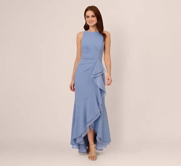 Adrianna Papell High Low Crepe Halter Gown With Organza Draping - French Blue