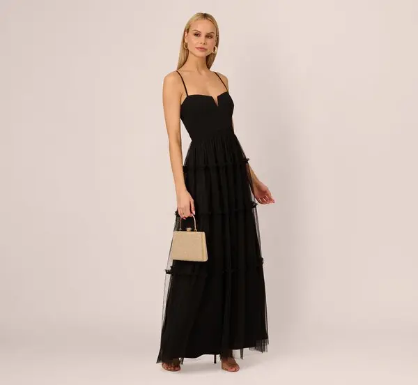 Adrianna Papell Sleeveless Notch Neck Tiered Mesh Gown - Black