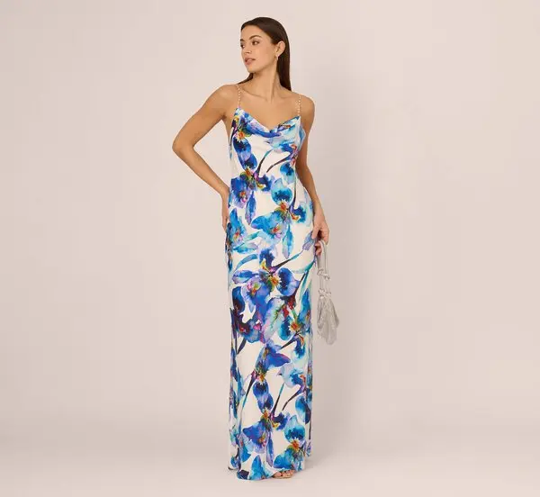 Adrianna Papell Embellished Strap Floral Satin Slip Dress In Blue Ivory Multi - Blue/ivory Multi