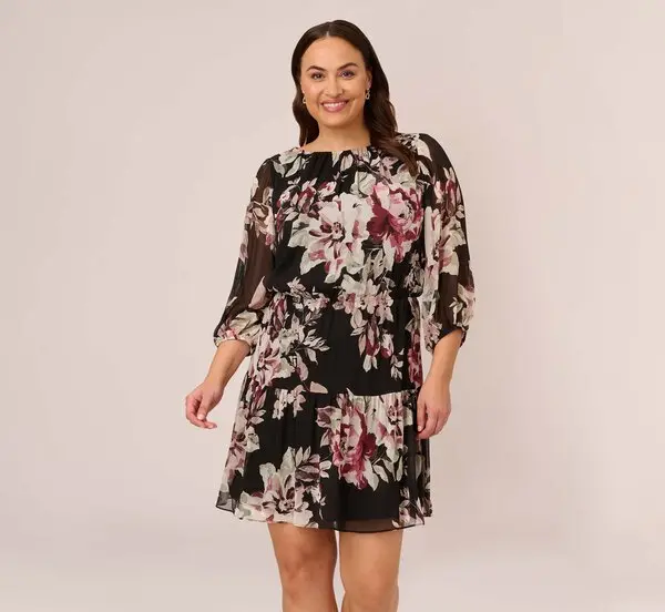 Adrianna Papell Floral Chiffon 3/4 Sleeve Dress - Black Multi