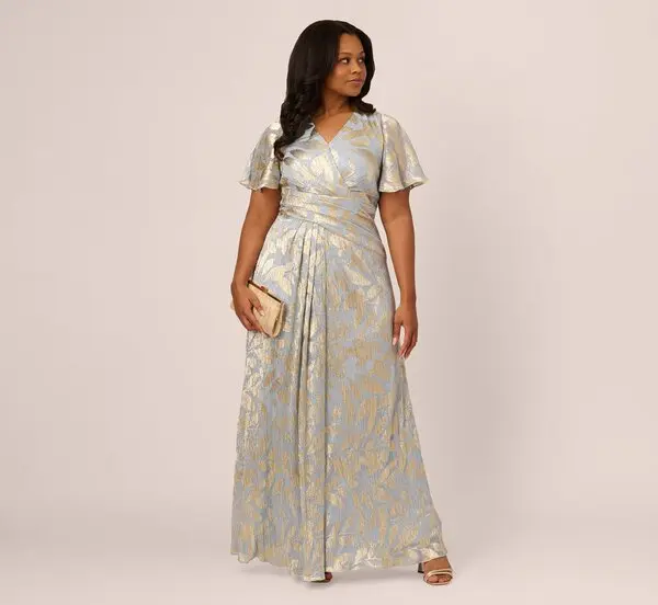 Adrianna Papell Foil Leaf Short Sleeve Gown With Draped Details In Light Blue Gold - Light Blue/gold