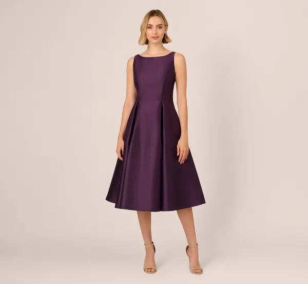 Adrianna Papell Sleeveless Mikado Fit And Flare Midi Dress With V-back - Luxe Plum