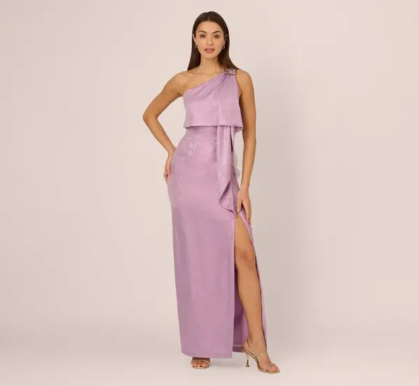 Adrianna Papell One Shoulder Foil Draped Popover Gown - Light Purple