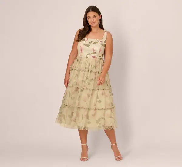 Adrianna Papell Sleeveless Square Neck Floral Tiered Midi Dress - Green Multi