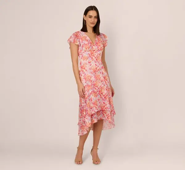 Adrianna Papell Flutter Sleeve Floral Stripe Flounce Midi Dress In Peri Coral Multi - Peri/coral Multi