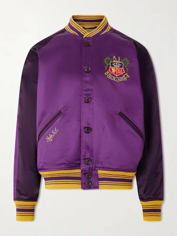 Polo Ralph Lauren Embroidered Cotton-blend Satin Bomber Jacket - Purple