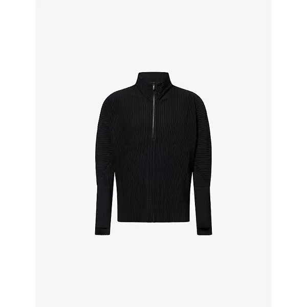 Issey Miyake Quarter-zip Pleated Knitted Top - Black