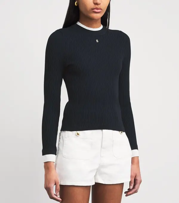 Sandro Ribbed Contrast Trim Logo Sweater - Blue