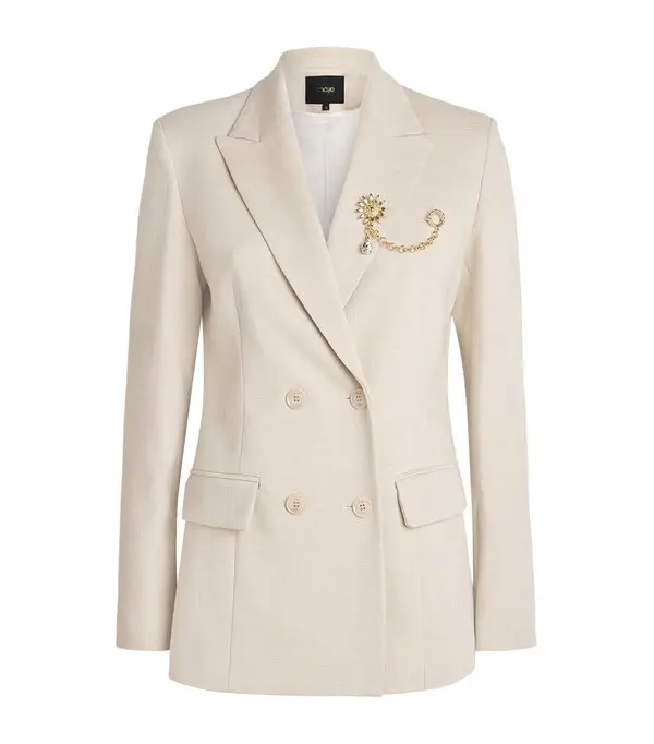 Maje Double-breasted Blazer With Detachable Brooch - Beige