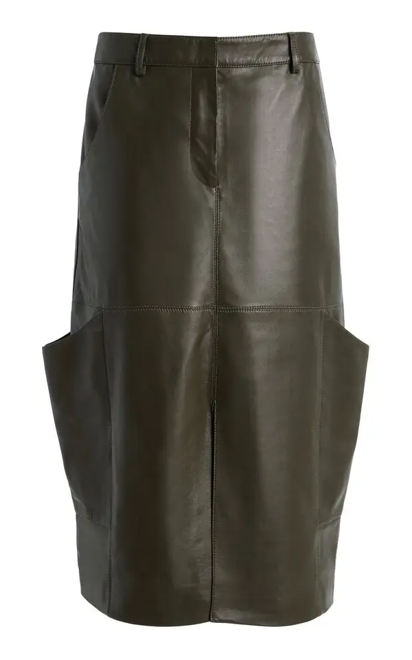 Françoise Leather Midi Skirt With Belt - Green
