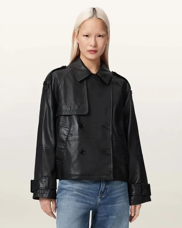 ALLSAINTS Reya Cropped Leather Mac - Black