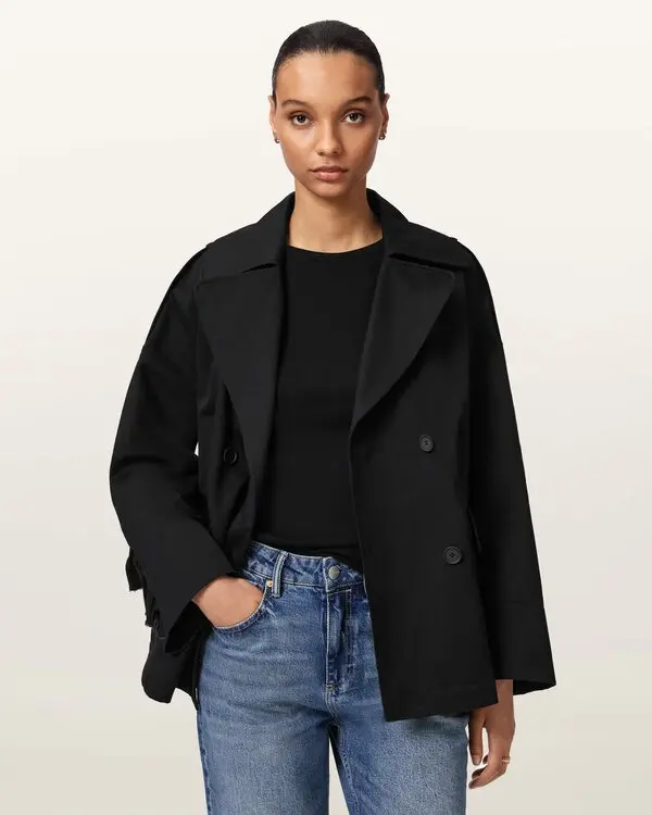 ALLSAINTS Connie Relaxed Fit Double Breasted Trench Coat - Black