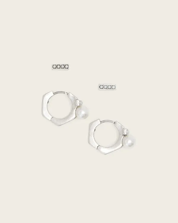 ALLSAINTS Nellie Pearl Huggie Earring Set - Silver