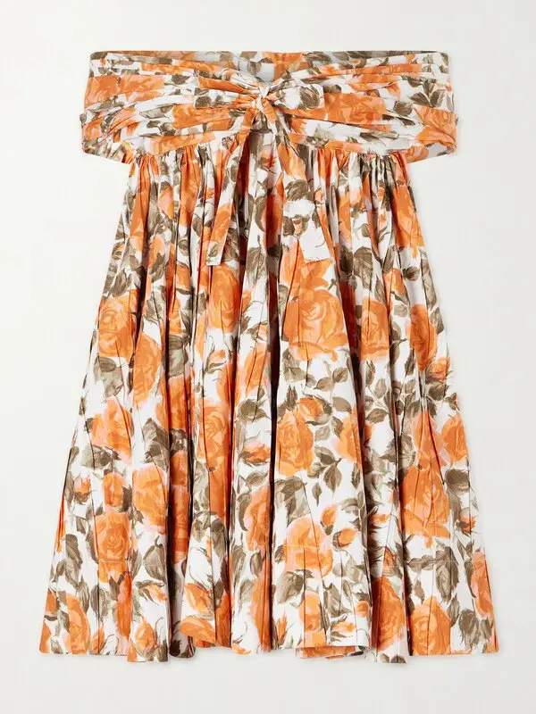 Chloé Off-the-shoulder Gathered Floral-print Mini Dress - Orange