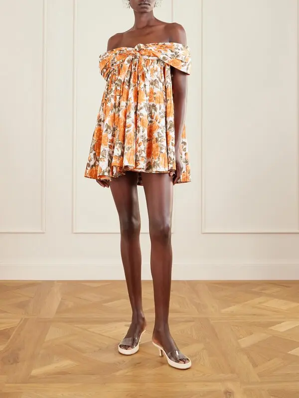 Chloé Off-the-shoulder Gathered Floral-print Mini Dress - Orange