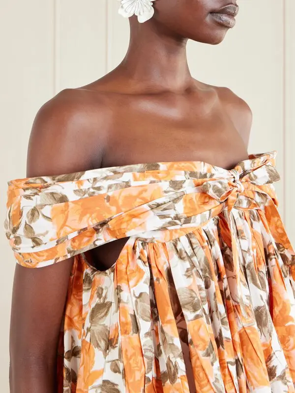 Chloé Off-the-shoulder Gathered Floral-print Mini Dress - Orange