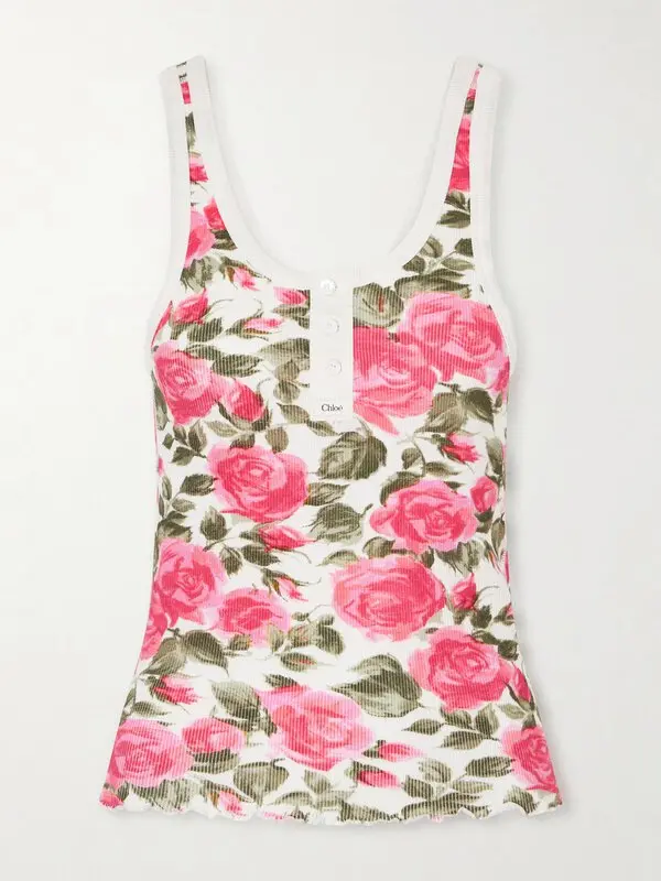 Chloé Floral-print Ribbed Tank - Pink