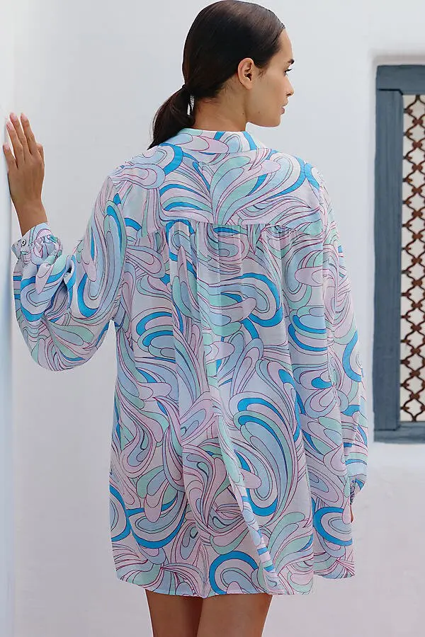 CELANDINE Puff-sleeve Longline Button-down Shirt - Blue Pattern