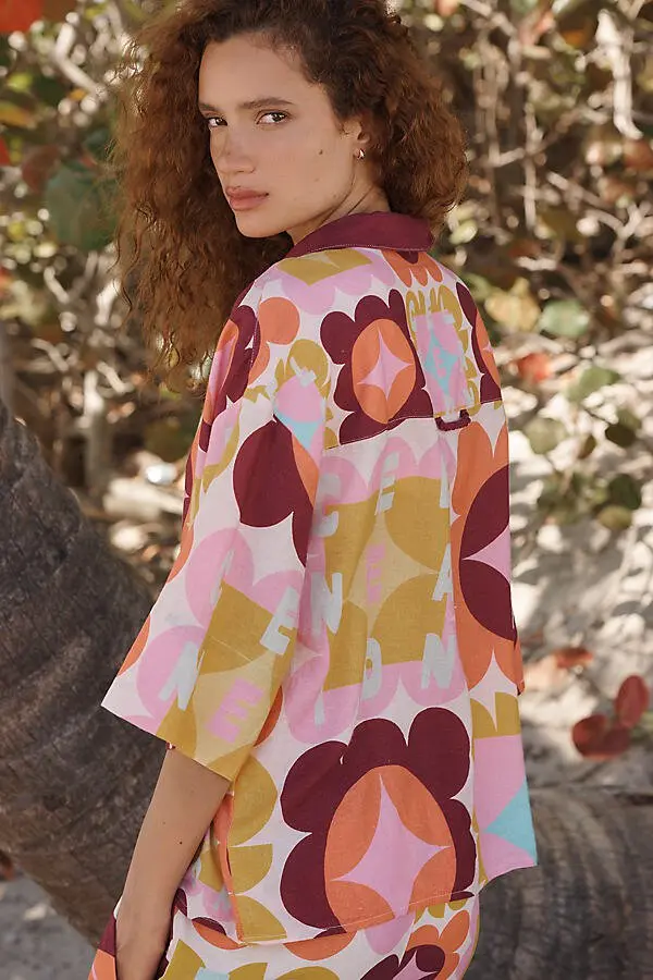 CELANDINE X Holly Clarke Len-blend Short-sleeve Buttondown Shirt - Pink Pattern